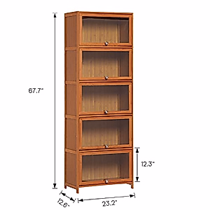 MoNiBloom Tall Narrow Bookcase with Acrylic Doors 5 Tier Free Standing Book Shelf Storage Organizer Save Space for Living Room Office, Brown