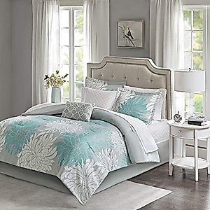 Madison Park Essentials Maible Cozy Bed in A Bag Comforter with Complete Cotton Sheet Set-Floral Medallion Damask Design All Season Cover, Decorative Pillow, Queen (90 in x 90 in), Floral Aqua 9 Piece