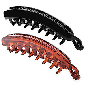 RC ROCHE ORNAMENT 2 Pcs Womens Premium Hair Plastic Banana Classic Clincher Strong Hold Ponytail Maker Girls Ladies Beauty Accessory Clasp Clip, Large Black and Brown