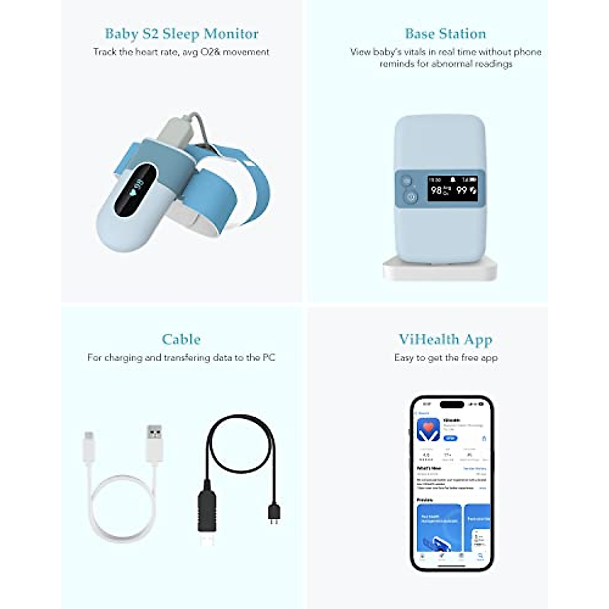 Babytone Baby Sleep Monitor with Base Station, Infant Breathing Monitor, Tracks Oxygen Level, Heart Rate and Movement, Smart Sock Foot Monitor with Free App Report, Fits Newborn 0 to 3 Years Old