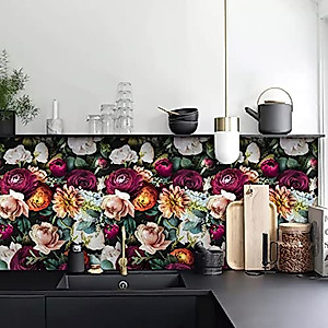 HAOKHOME 93277 Peel and Stick Floral Wallpaper Rose Daisy Removable Black/Pink/Purple Stick on Wild Mural 17.7in x 9.8ft