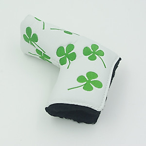 Ronsit Green Four-Leaf Clover Golf Putter Head Cover Headcover Shamrock Embroidered Blade Fit All Brands (White)