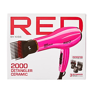 RED by KISS 2000 Ceramic Hair Dryer, Professional Salon Blow Dryer, 2 Detangler Pik Attachments, Tourmaline Technology, 3 Heat Settings, Easy Storage Loop (Pink)