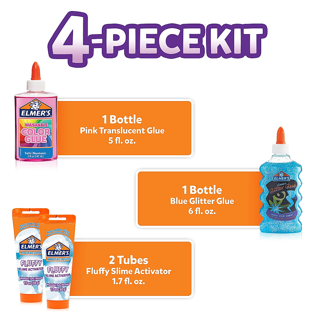 Elmer’s Fluffy Slime Kit, Includes Elmer’s Translucent Color Glue, Elmer’s Glitter Glue, Elmer’s Fluffy Slime Activator, 4 Count