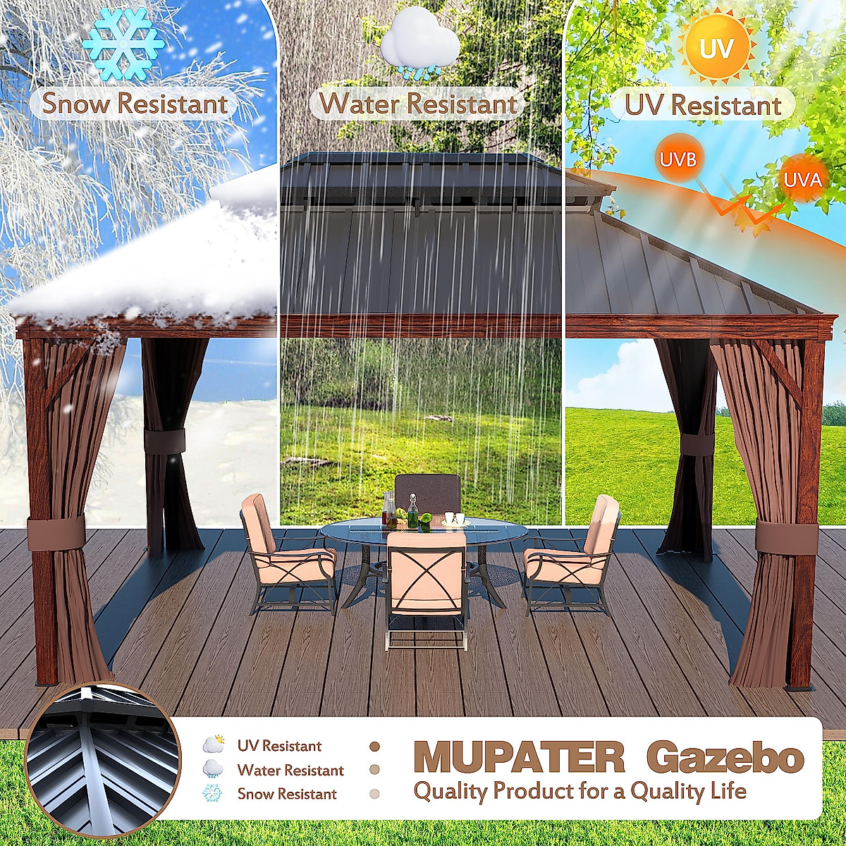 MUPATER 12' x 16' Gazebo, Wooden Finish Coated Aluminum Frame, with Double Galvanized Steel Hardtop Roof, Netting and Curtains for Garden, Patio, Lawn and Parties