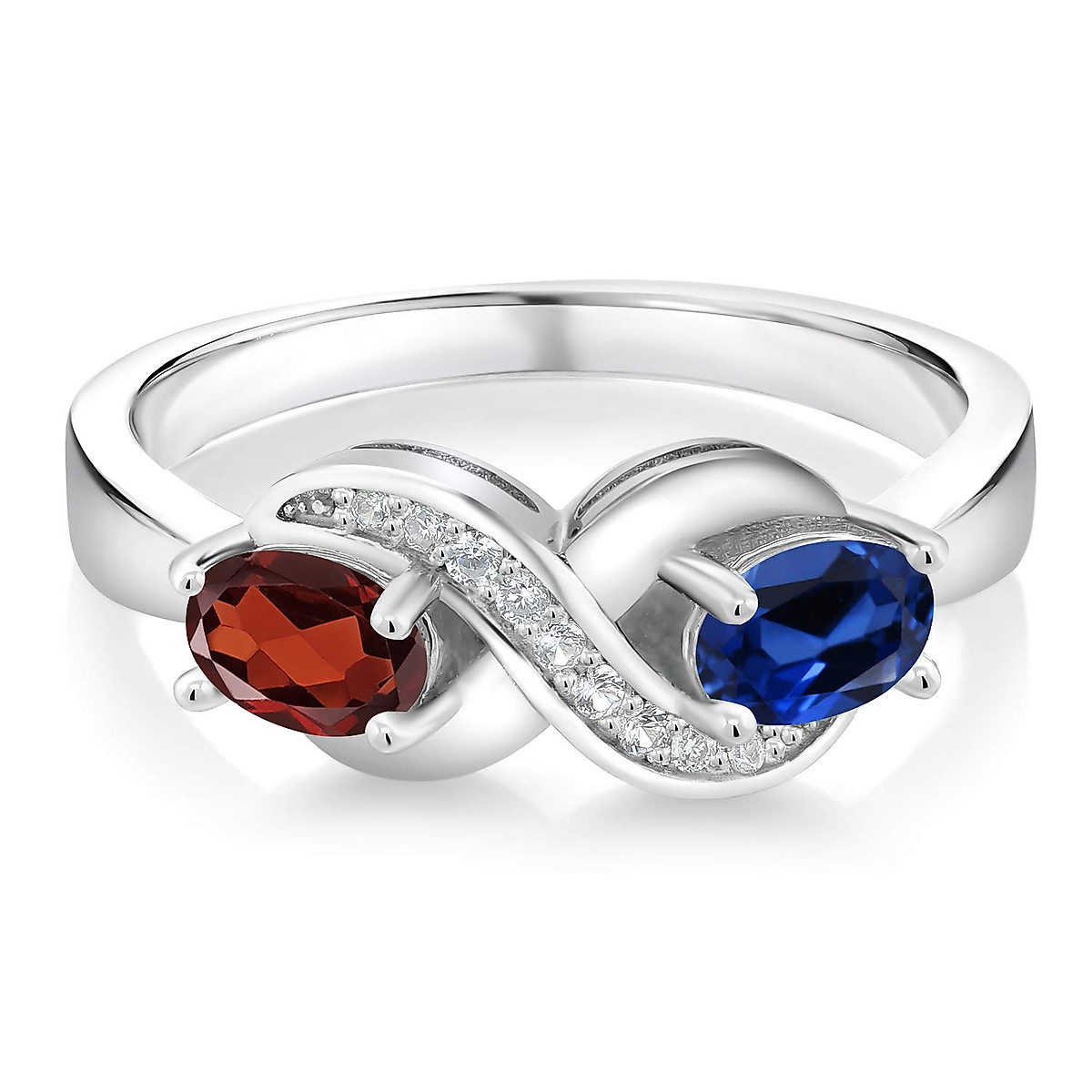 Gem Stone King 925 Sterling Silver Personalized Customized Engrave 2-Stone Gemstone Birthstone and White Created Sapphire Infinity Forever Love Knot Ring For Women (Size 8)