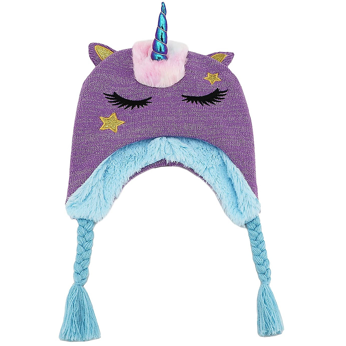 Kids Girls Cute Glitter Unicorn Beanie Winter Hat and Glove Set Knitted Earflap Cap Flip Top Mitten Set Purple