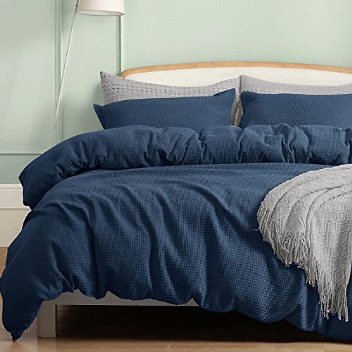 PHF Waffle Duvet Cover Queen Size, Ultra Soft Cotton Blend Comforter Cover Set, Comfy Breathable and Decorative Duver Cover Set with Pillow Shams Bedding Collection, 90"x90", Navy Blue