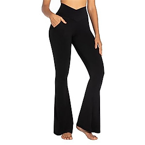 Sunzel Flare Leggings for Women with Pockets, Crossover Yoga Pants with Tummy Control, High Waisted and Wide Leg 30" Inseam Black Medium