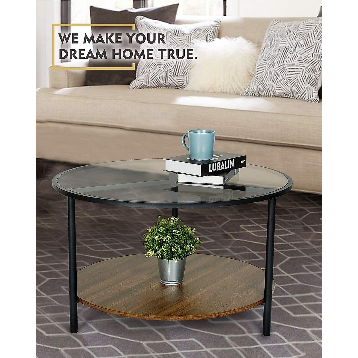 Moncot Round Coffee Table Small Coffee Table with Glass Top and Walnut Wood Shelf Modern Center Table with Metal Frame for Living Room