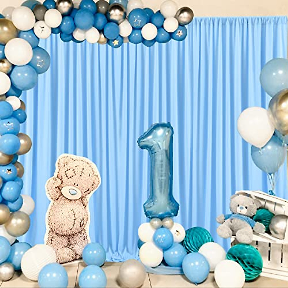 10ft x 10ft Baby Blue Backdrop Curtain for Baby Shower Parties Light Blue Wrinkle Free Backdrop Drapes Panels for Birthday Photo Gender Reveal Photography Polyester Fabric Background Decoration