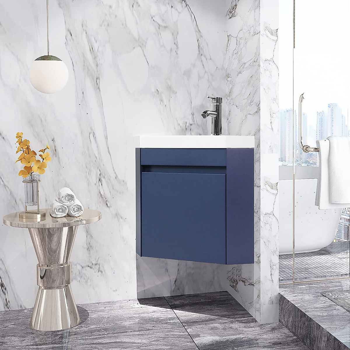 wonline 16" Corner Bathroom Vanity Sink Combo for Small Space Wall Mounted Cabinet Set Design Navy Resin Basin Sink Top Chrome Faucet and Drain