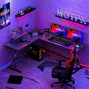 MOTPK L Shaped Gaming Desk 66 Inch, Gaming Computer Desk L Shape with Carbon Fiber Surface, Gamer Desk Gaming Table with Monitor Shelf, Cup Holder & Headphone Hook, Black