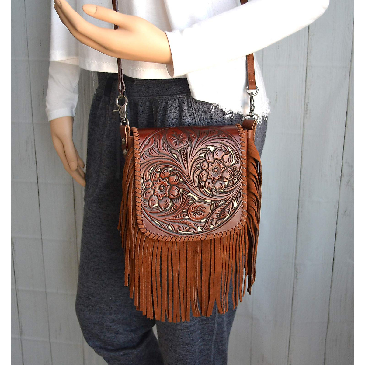 womens cross body bag western cowgirl floral tooled shopper purse brown