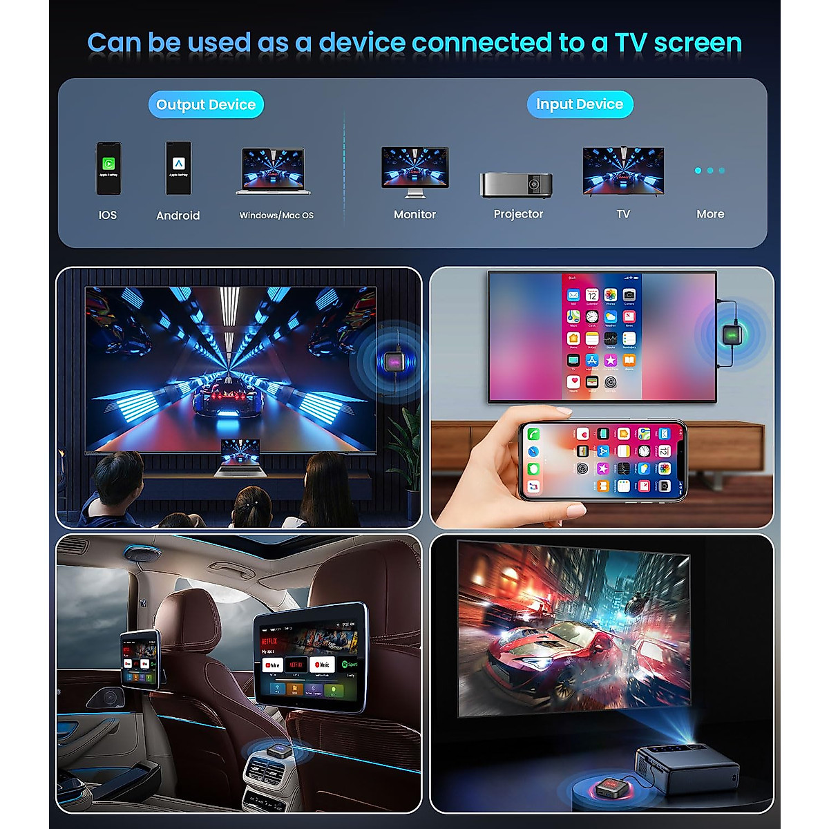 Wireless Carplay & Android Auto Adapter with Netflix YouTube Tiktok, Upgrade LED Wireless Android Auto Adapter HDMI Dongle for Phone to Miracast/Stream Media to Car/TV, for OEM Wired CarPlay Car