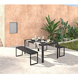 VICLLAX Patio Dining Set for 4, All Weather Outdoor Furniture Set Include Reclangle Patio Table and 2 Grey Outdoor Benches
