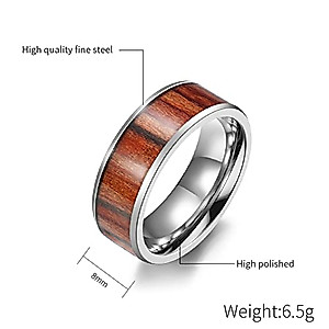 Simple Wedding Bands for His and Hers, 8MM & 6MM Wood Inlaid Silver Wedding Ring Sets for Him and Her Titanium, Women Size 9 + Men Size 9