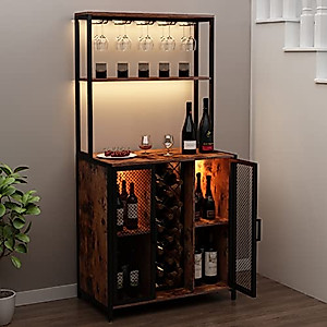 Loomie Wine Bar Cabinet with LED Lights, 5-Tier Industrial Coffee Bar, Buffet Sideboard with Adjustable Shelves, Kitchen Bar Table with Wine Rack Storage and Glass Slots for Liquor and Glasses,Rustic