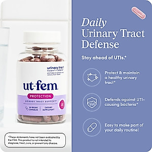 UT-Fem Protection - Urinary Tract Defense for Women, 3-in-1 Daily Defense Formula to Protect Urinary Tract Health, D-Mannose, Cranberry + Hibiscus, Natural Supplement - 60 Vegan Capsules