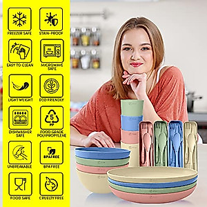 28pcs Wheat Straw Dinnerware Sets of 4. Premium Quality Plates, Bowls, Cups & Cutlery w/Case. Microwave & Dishwasher Safe! Great Indoor & Outdoor Kitchen Set. Plates and Bowls Set for Kids & Elderly