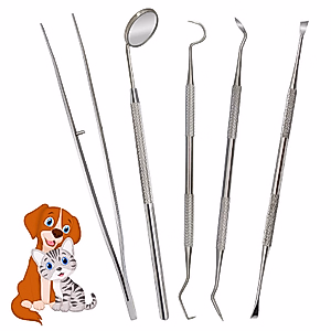 5 Pcs Dog Dental Tooth Scaler and Scraper Set with PU Carry Case, Including 2 Double-Headed Tartar Remover,1 Tooth Scraper, 1 Tweezers and 1 Mouth Mirror, Pet Teeth Cleaning Tools for Dog and Cat