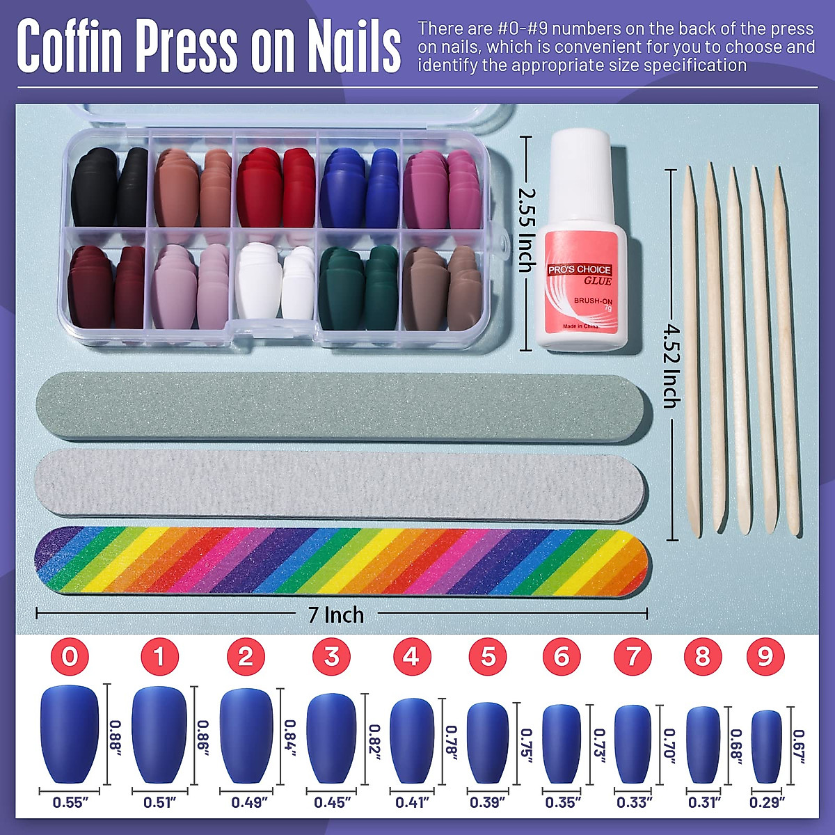 Press On Nails Medium Length, HNYYZL Coffin Matte Fake Nails Full Cover, 10 Solid Colors Short Ballerina Press On Nails, 10 Packs Acyclic False Nails Tips Set with Nail Glue, Nail File for Nail Art