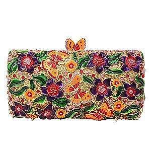 Boutique De FGG Flowers & Butterfly Women Crystal Clutch Evening Bag Wedding Party Rhinestone Handbags (Small,Orange Purple)