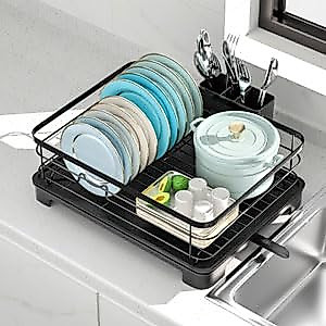 Dish Drying Rack - Dish Rack for Kitchen Counter with With Dish Drying Mat a Cutlery Holder,Dish Drying Rack,Durable Kitchen Dish Rack for Tableware,Dish Drying Rack with Easy Installation,Black