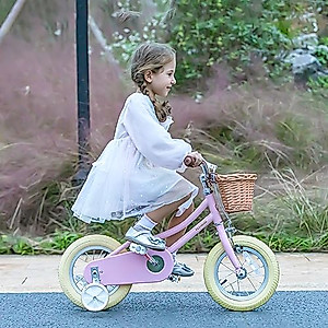 Petimini 12 Inch Kids Bike for Age 2 3 4 Years Old Little Girls Toddlers Retro Vintage Style Bicycles with Basket Training Wheels and Bell, Pink