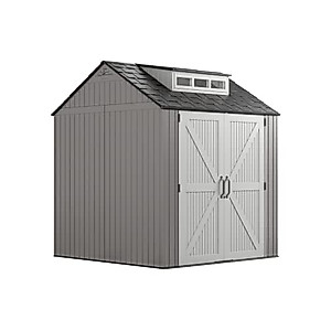 Rubbermaid Resin Weather Resistant Outdoor Storage Shed, 7 x 7 ft., Simple Gray/Onyx, for Garden/Backyard/Home/Pool