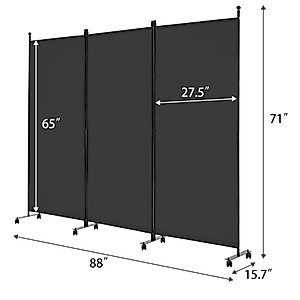 Spurgehom 3 Panel Rolling Room Divider, Folding Partition Privacy Screens, Freestanding Fabric Room Panel, Portable Folding Wall Divider for Office, Room,Restaurant, Hospital (Black)