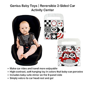 Reversible Car Activity Center Toy for Baby in Black, White and Red, Easy to Attach, with Baby Safe Mirror