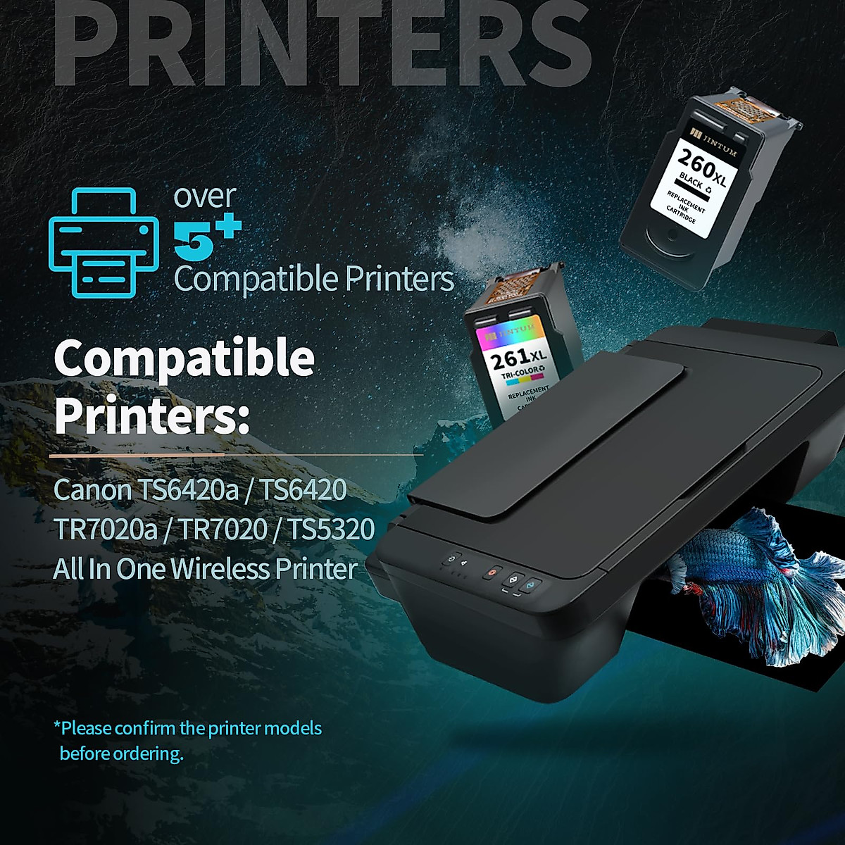 JINTUM Compatible Ink Cartridges Relacement for Canon 260 and 261 Ink Cartridge for TS6420a TS6420 TR7020a TR7020 TS5320 Printer Ink (1 Black, 1 Tri-Color)