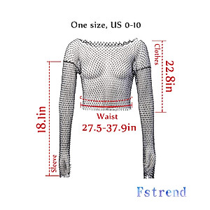 Fstrend Mesh Body Chains Rhinestone Crystal See Through Crop Tops Fishnet Dress Cover Up Black EDM Festival Outfits for Women