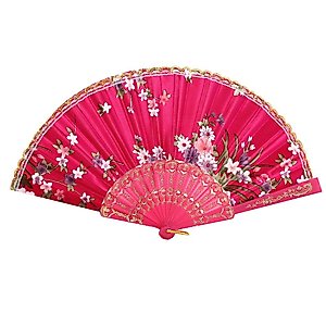 DUO ER Folding Fan Vintage Chinese Style Hand Held Fans Lace Silk Folding Fans Handheld Folded Fan for Church Party Dance Wedding Gift (Color : Hot Pink)