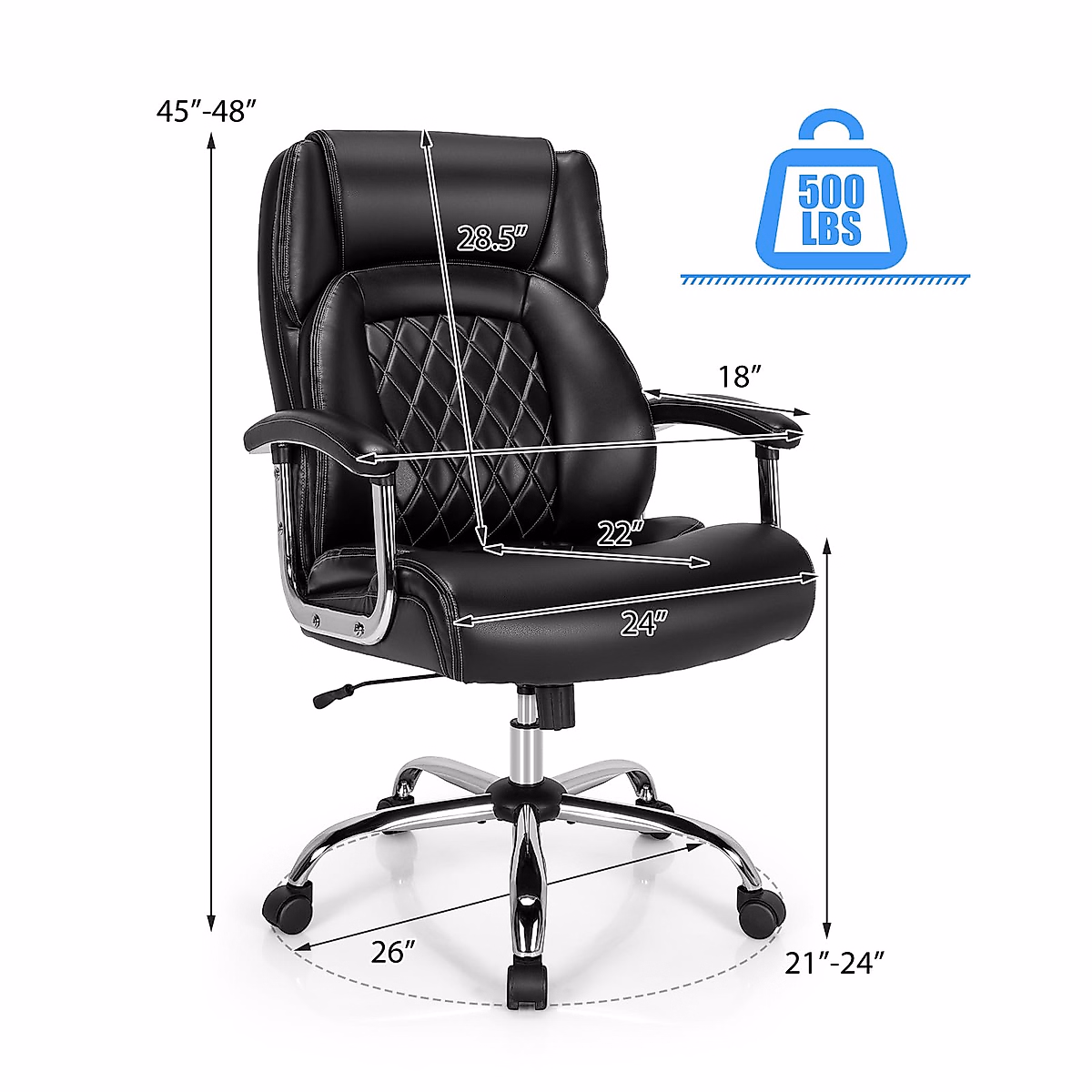 Giantex 500LBS Big and Tall Office Chair, Wide Seat Large Leather Executive Chair w/Heavy Duty Metal Base, Height Adjustable Swivel Computer Task Desk Chair, Padded Armrest, Rocking Backrest (Black)