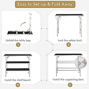COSTWAY Folding Picnic Camping Table, Portable Lightweight Aluminum Table with Carry Bag, Food Prep Station with 2 Shelves, Quick Set-up, Outdoor Camping Table for BBQ, Party, Backyard (Black)