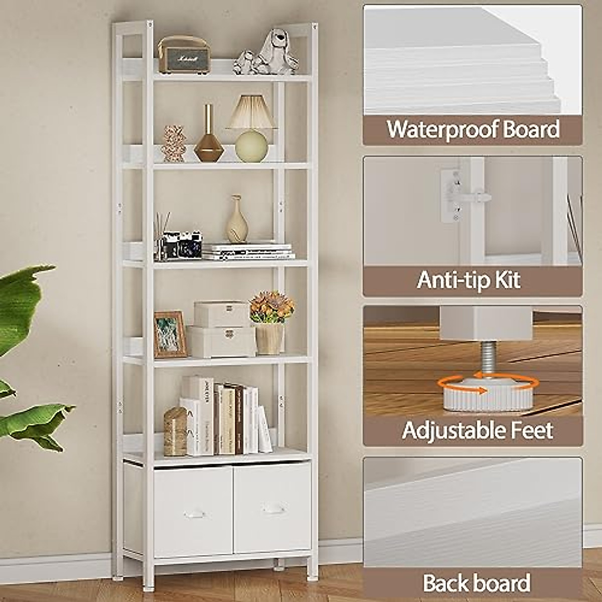 Furologee White 6 Tier Bookshelf with Drawers, Tall 71" Bookcase with Shelves, Modern Wood and Metal Book Shelf Storage Organizer, Display Free Standing Shelf Unit for Bedroom, Living Room, Office