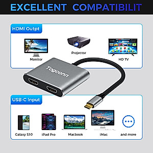 Togconn 4K USB C to Dual HDMI Adapter, Supports 4K@60Hz, USB C to Dual HDMI Female Connector, Type C (Compatible Thunderbolt 3) to 2 HDMI Converter, for MacBook Pro/Air, Dell XPS 13/15