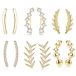LOYALLOOK 6 Pairs Ear Cuffs Hoop Climber Earrings for Women CZ Leaf Crawler Stud Earring Ball Arrow Cuff Earrings Set, Gold
