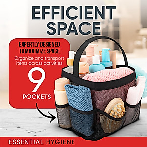 Masirs Mesh Shower Caddy Bag - (9 Pocket) Large Collapsible, Portable Bathroom Organizer for Travel, Gym, & Dorm - Easily Carry & Organize Bathroom Toiletry Essential (Black)