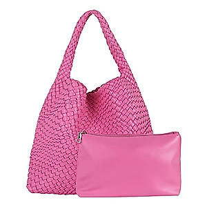 Woven Tote Handbags + Purse For Women Vegan Leather Shoulder Top-Handle Travel Shopper Bag Ladies Large Capacity Underarm Bag Rose Pink