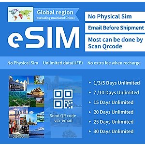 [UDBAC] Global eSIM Data Only SIM Card 1~30Days Travel Internet Prepaid 4G-LTE High -Speed Traffic 500MB/Day Unlimited Low Speed Traffic(excluding Mainland China)(Online Delivery) (15 Days Unlimited)