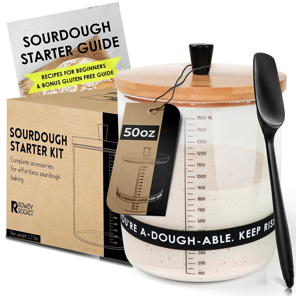 Sourdough Starter Kit with 50oz Jar for Gluten-Free and Regular Baking - Stylish Jar with Easy Instructions and Recipes