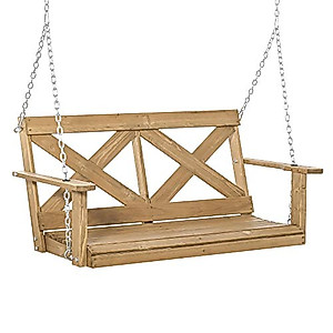 Outsunny 2 Person Porch Swing, Patio Swing, Outdoor Swing Bench with Pine Wood Frame and Hanging Chains for Garden and Yard, 550 lbs Weight Capacity, X Shaped Design, Natural