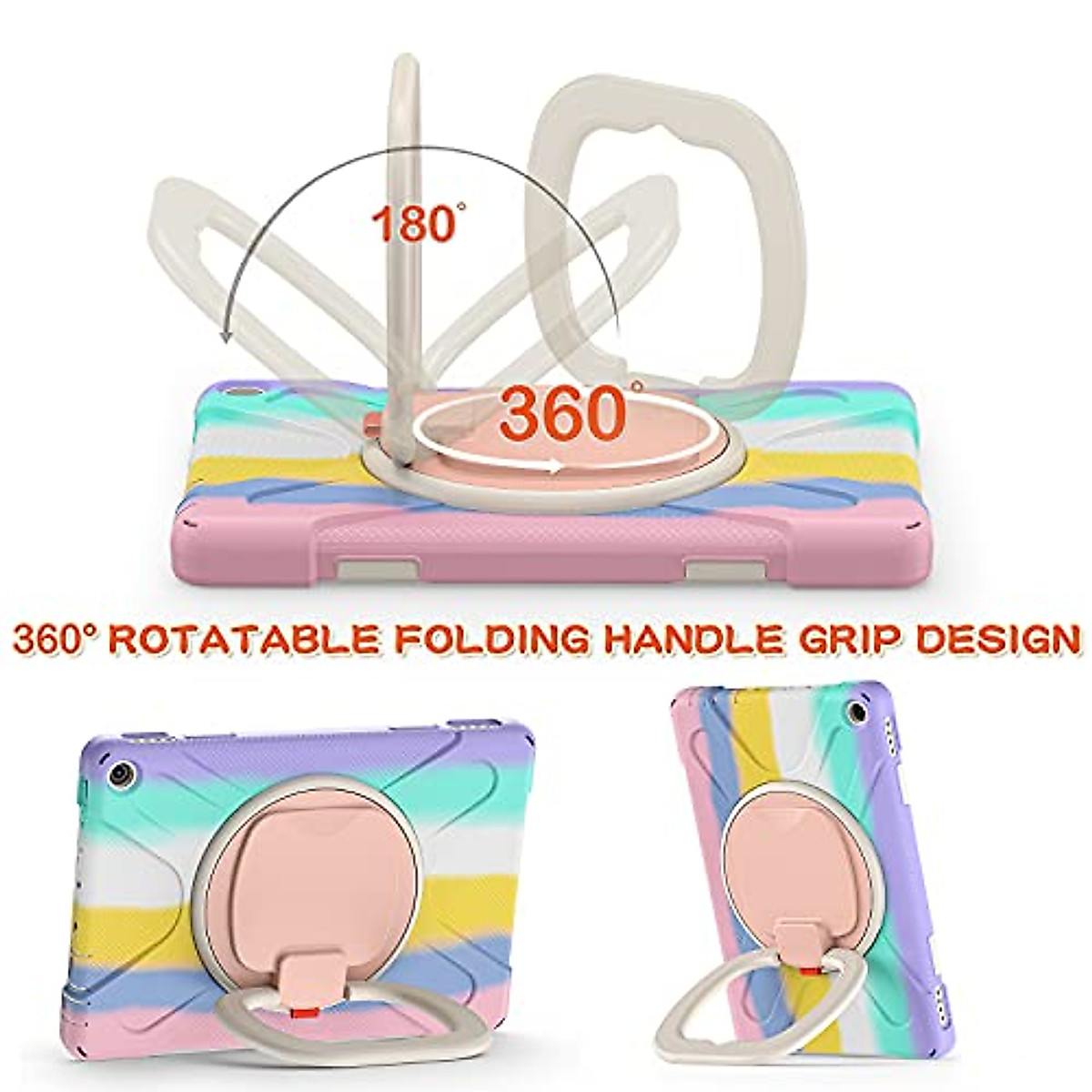 KENOBEE All-New Fire HD 10 & Fire HD 10 Plus Tablet (10.1", 11th Generation, 2021) Case, 360 Rotating Stand Multi-Functional Grip Rugged Heavy Duty Shockproof Protective Kickstand Cover,Rainbow Pink