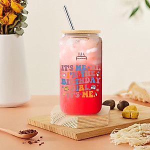 I'm The Birthday Girl Glass Cup, Glass Cups with Lids and Straws, 16 oz Drinking Glasses Tumbler with Straw and Lid, Iced Coffee Cup with Bamboo Lids, Glass Can Coffee Cups, Birthday Gifts for Women