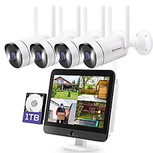Pinfocal Security Camera System Wireless, 4pcs 2K Outdoor WiFi IP Security Camera with Spotlight, Long-Range WiFi, 2-Way Audio, 8CH All-in-One NVR with 12'' IPS HD Monitor, 1TB HDD for 24/7 Recording