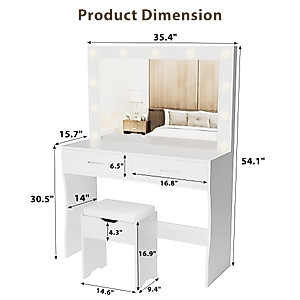 Furmax Vanity Desk Set with Large Lighted Mirror, 35.4 Inch Makeup Vanity Table with 2 Drawers, Cushioned Storage Stool, 3 Lighting Modes Brightness Adjustable, Dressing Table for Bedroom (White)
