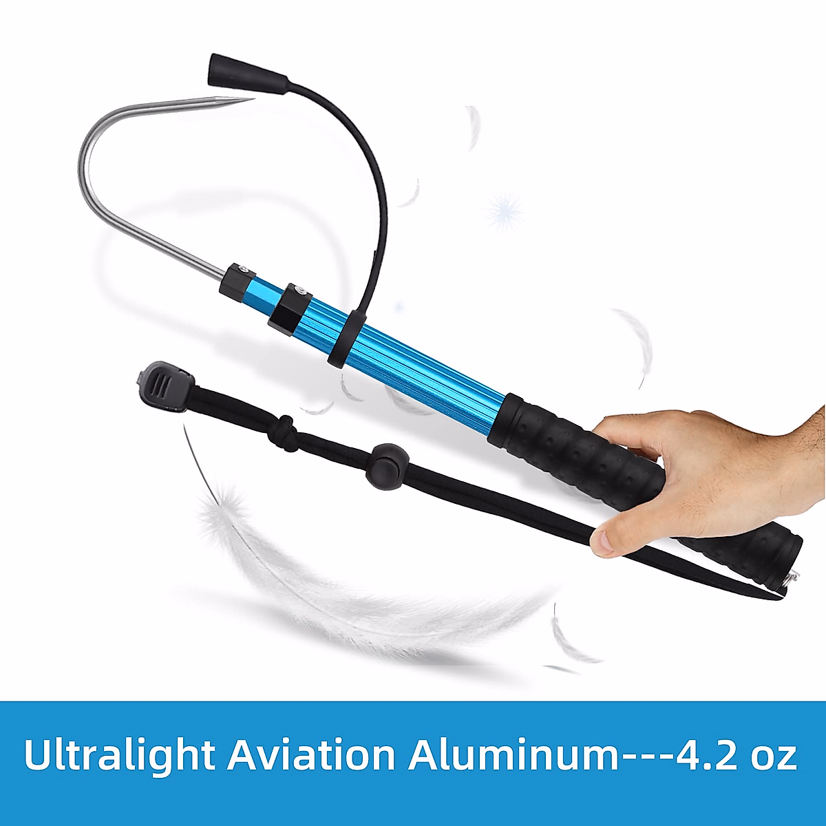 SAN LIKE Telescopic Fishing Gaff,Aluminum/Fiberglass Pole with Nonslip Rubber Handle,Stainless Steel Hook with M8 Screw, Fish Gaff Can Float When Extending - Good for Freshwater and Saltwater Fishing